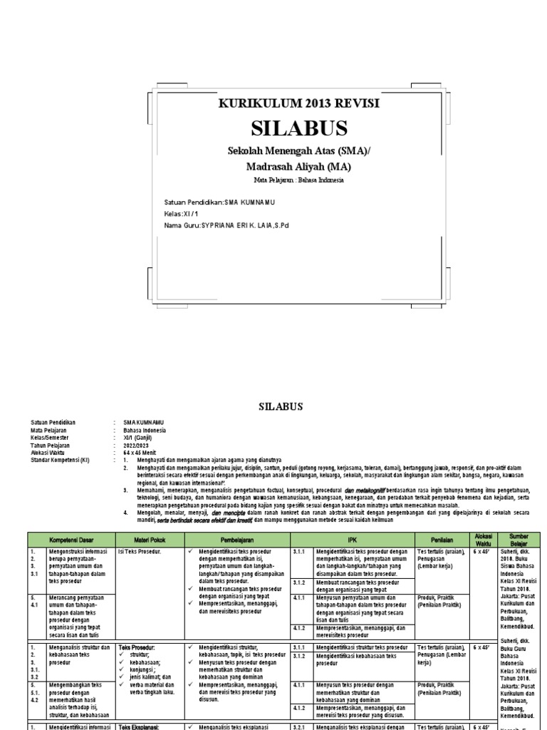 Silabus Bahasa Indonesia Kelas XI | PDF