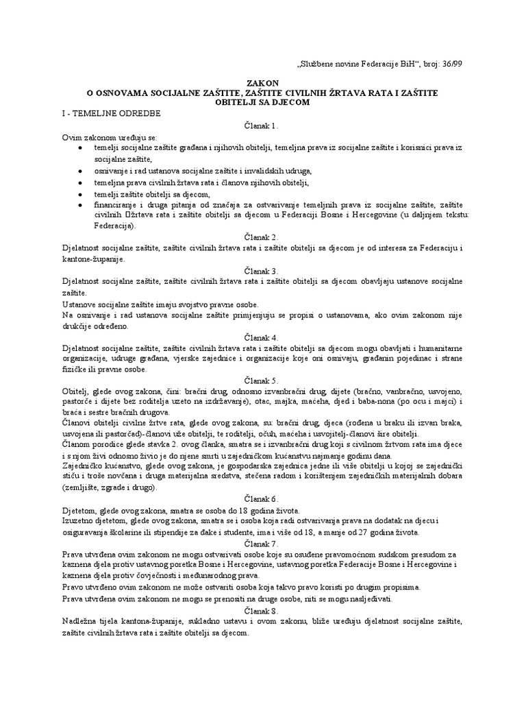 Zakon-o-osnovama-socijalne-zastite-zastite-CZR-i-zastite-porodice-sa-djecom FBIH | PDF
