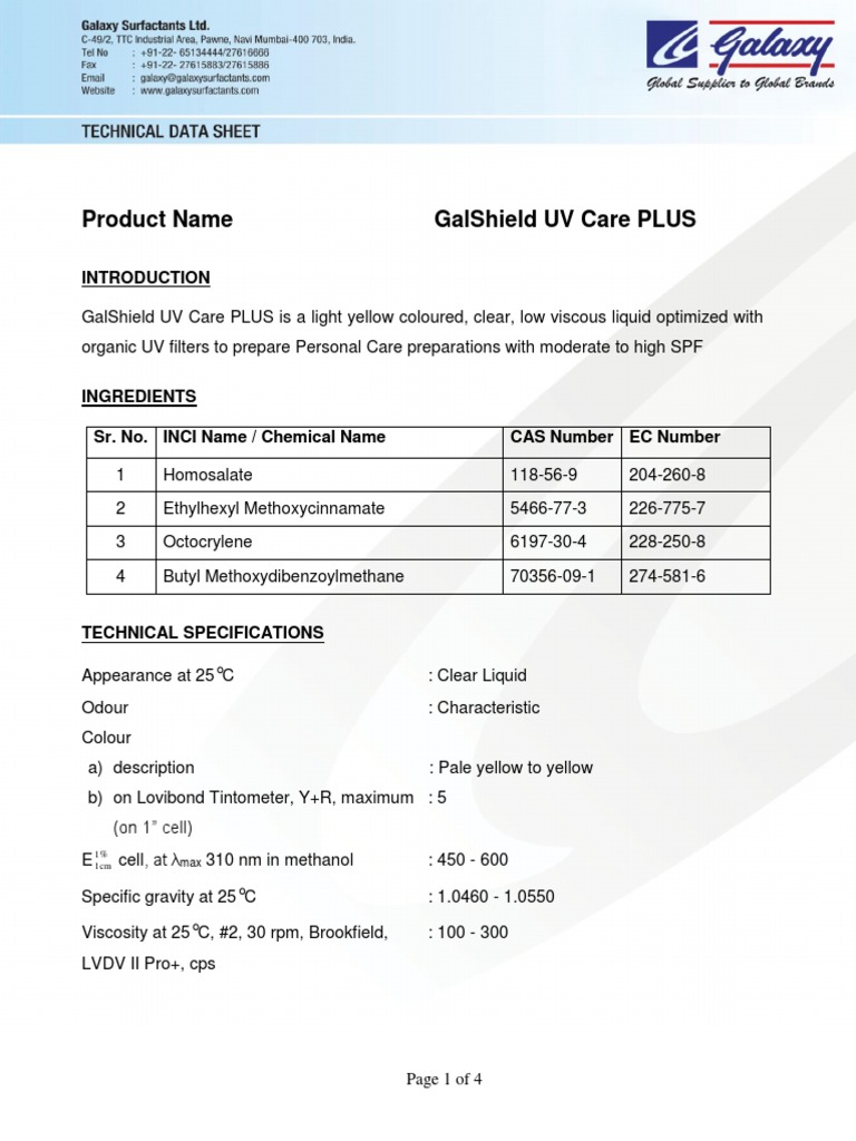 TDS of GalShield UV Care PLUS | PDF | Sunscreen | Ultraviolet