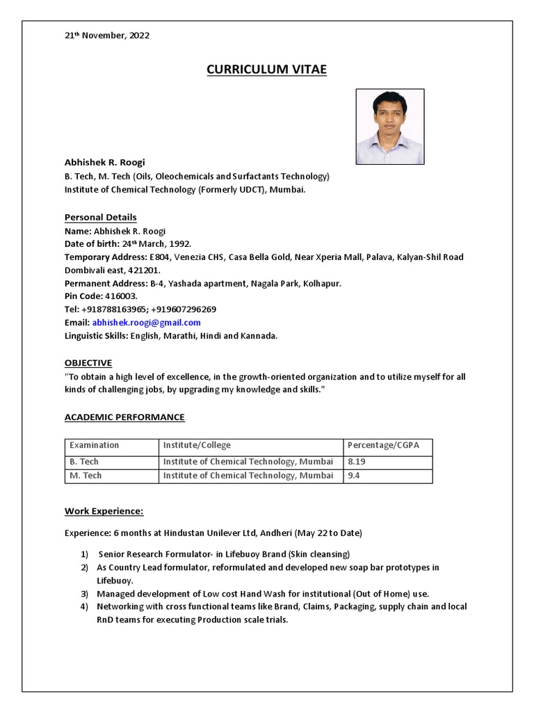 A Versatile Career in Chemical Technology: The Curriculum Vitae of Abhishek R. Roogi | PDF