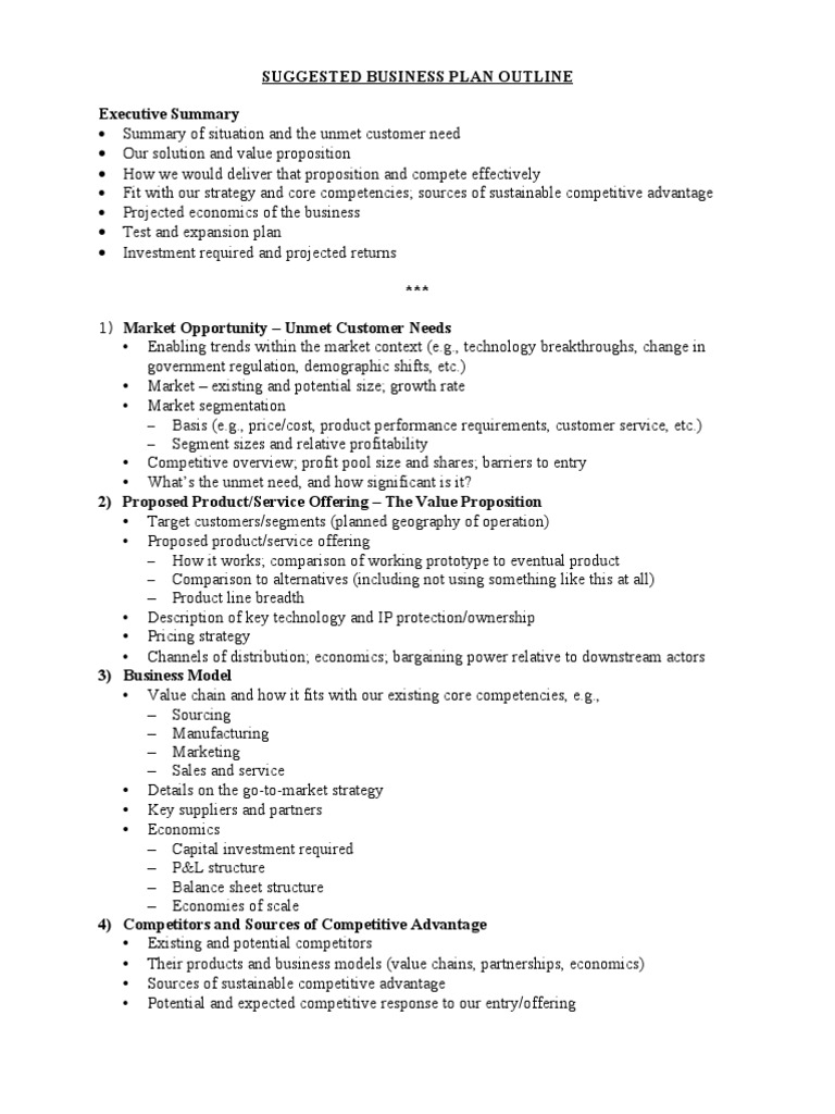 Suggested Business Plan Outline Executive Summary | PDF | Competitive ...