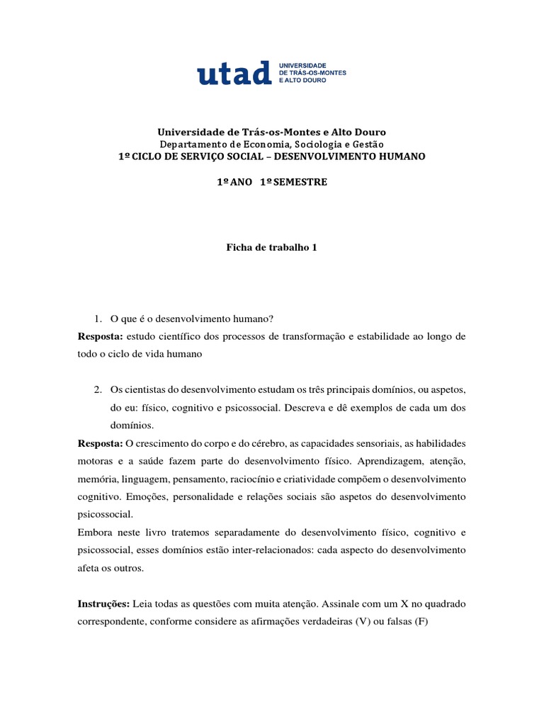 Ficha de Trabalho 1 | PDF | Aprendizado | Comportamento