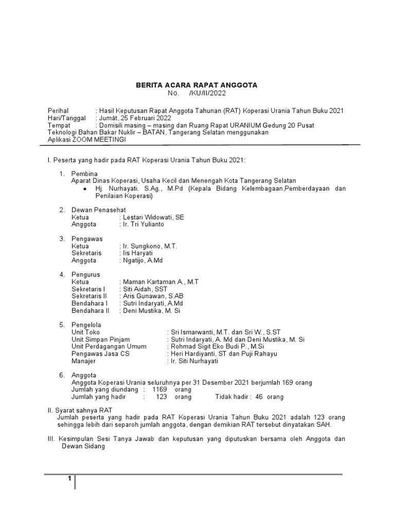 BERITA ACARA RAPAT ANGGOTA KOPERASI 2021 Final | PDF