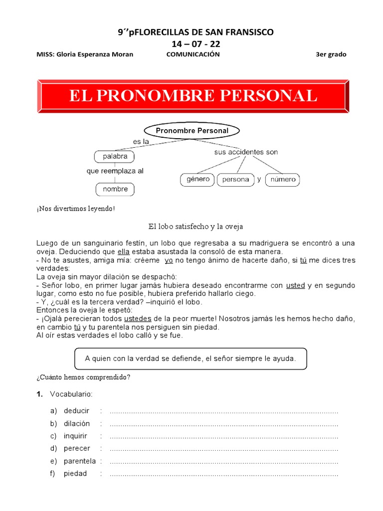 Ejercicios de Pronombres Personales 3° Primaria | PDF | Plural | Numero ...