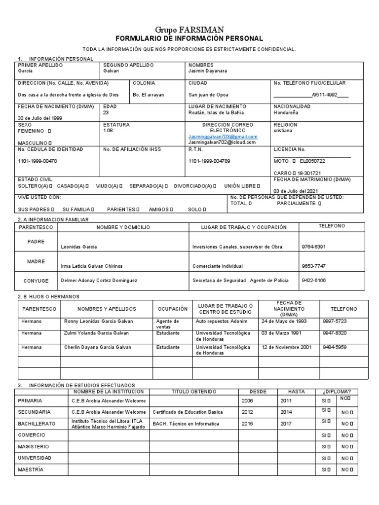 Formulario de Información Personal GF | PDF