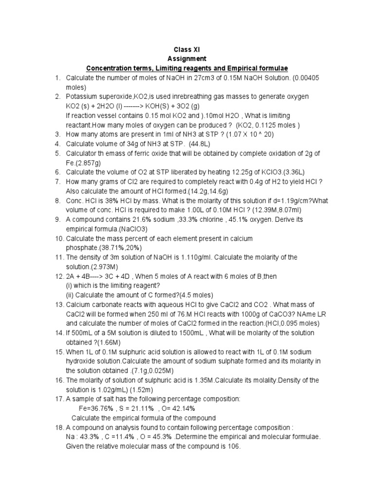 Class XI (Concentration Terms, LR, Empirical Formula Assignment) | PDF | Mole (Unit) | Molar ...