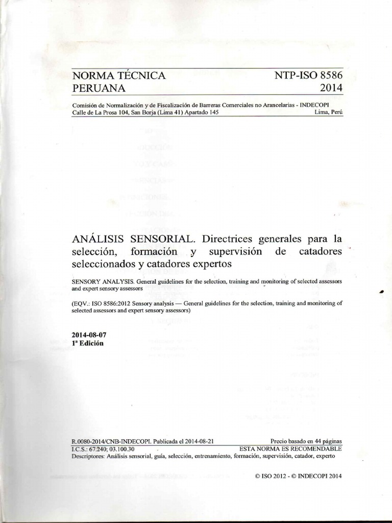 NORMA TECNICA PERUANA - Anàlisis Sensorial | PDF