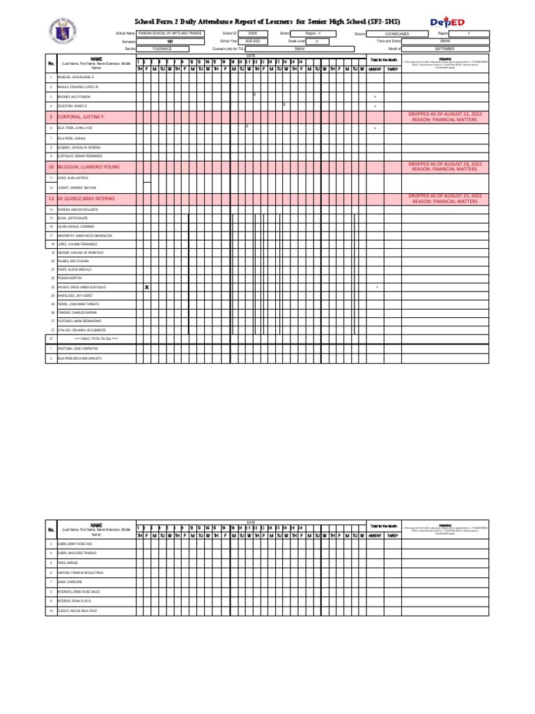 School Attendance Report By Grade And Section Pdf Family Human
