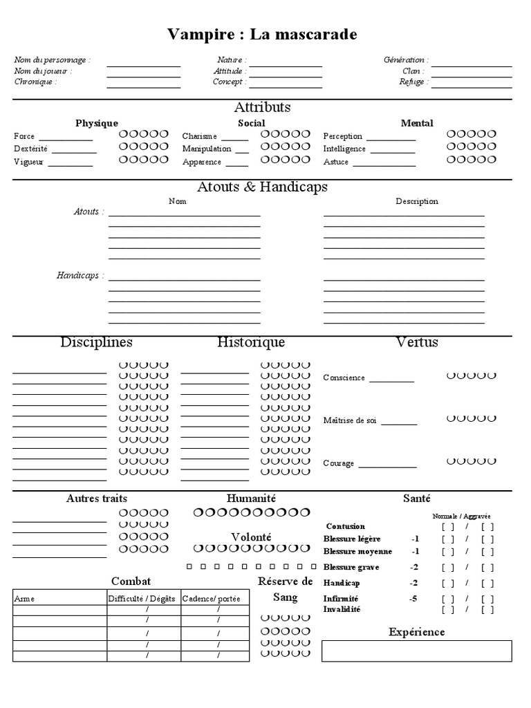Fiche de personnage Vampire V5 | PDF