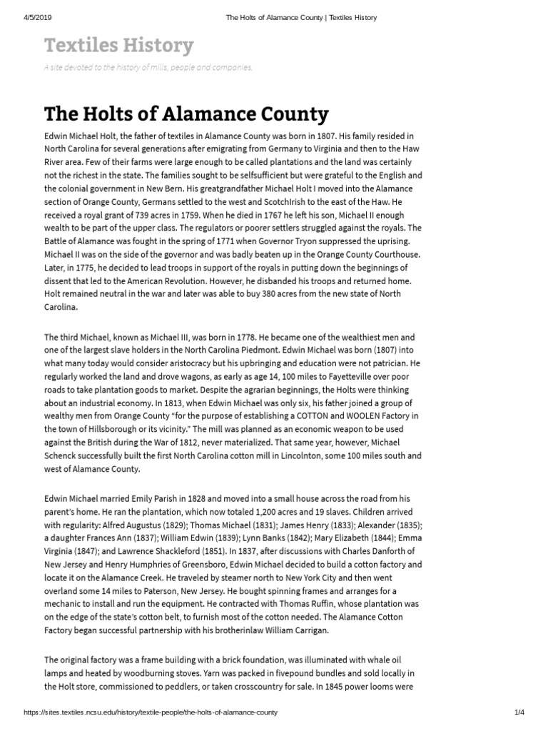 The Holts of Alamance County - Textiles History | PDF | Dyeing | Textiles