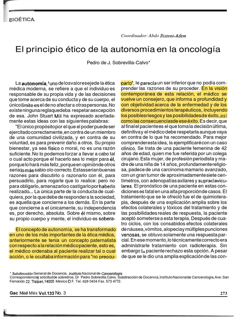 El Principio Ético de La Autonomía en La Oncología | PDF ...