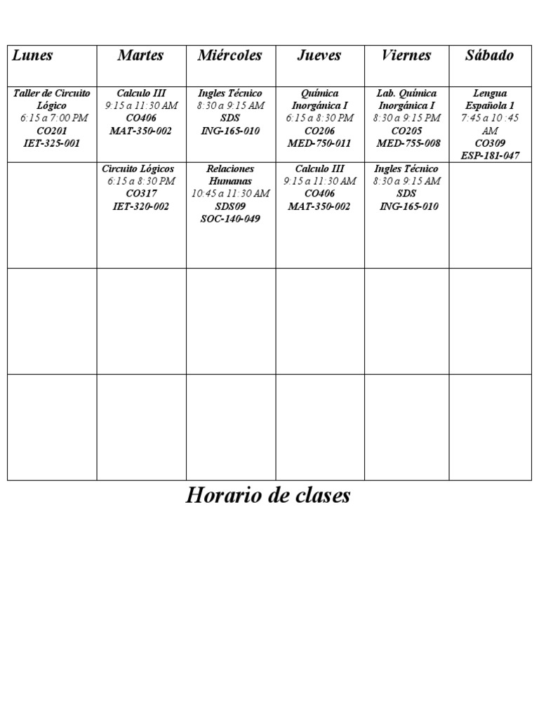 Horario de Clases Semanal 2023 | PDF