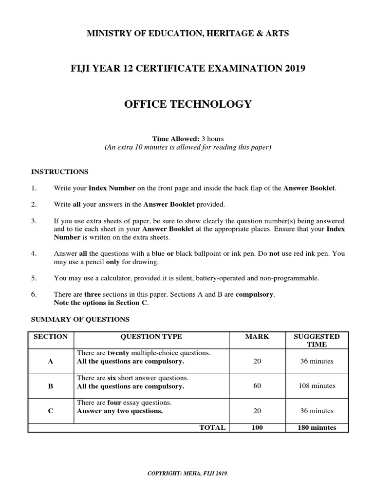 Office Technology: Fiji Year 12 Certificate Examination 2019 | Download ...