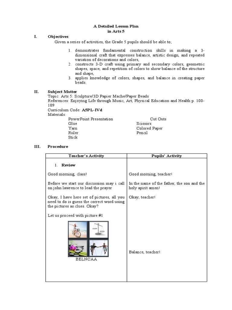 A Detailed Lesson Plan in Arts | PDF | Design | Bead