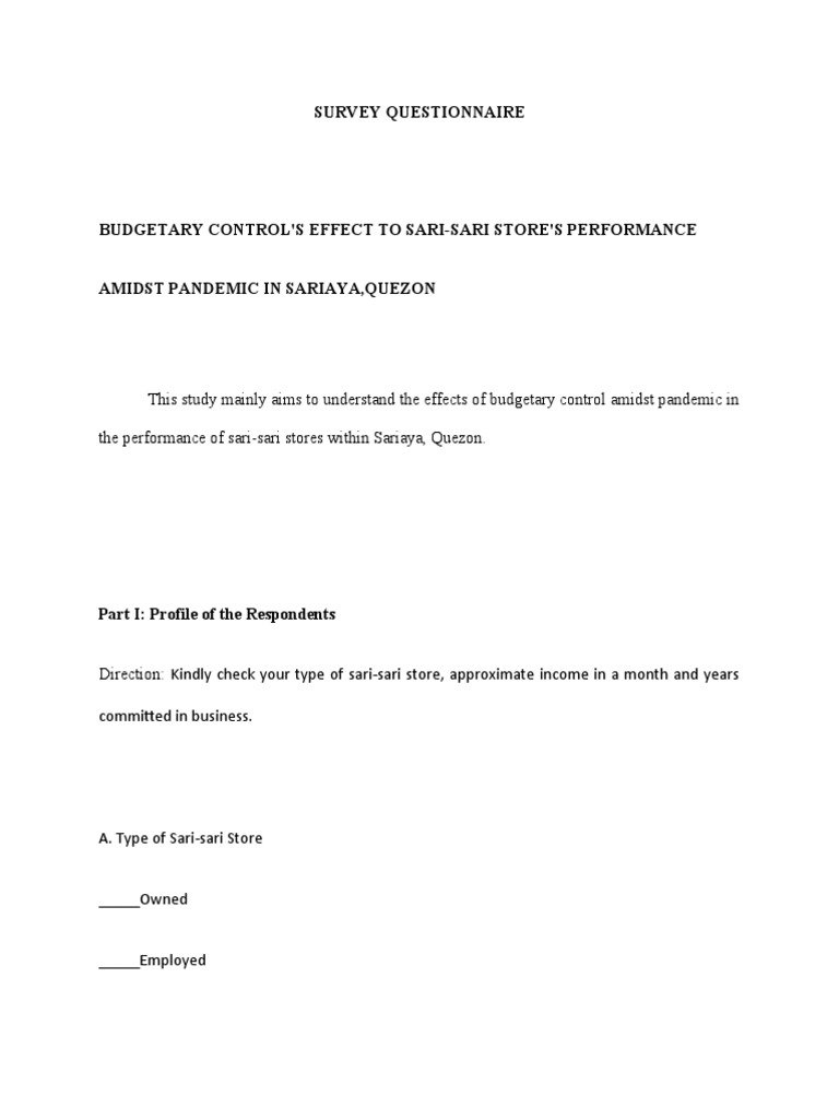 SURVEY QUESTIONNAIRE Sample | PDF | Market (Economics) | Business Process
