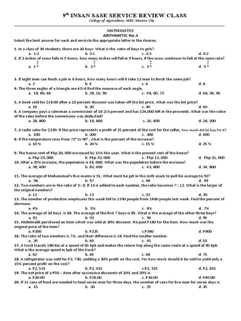 Mathematics Arithmetic Test: Analyzing Word Problems and Calculating ...