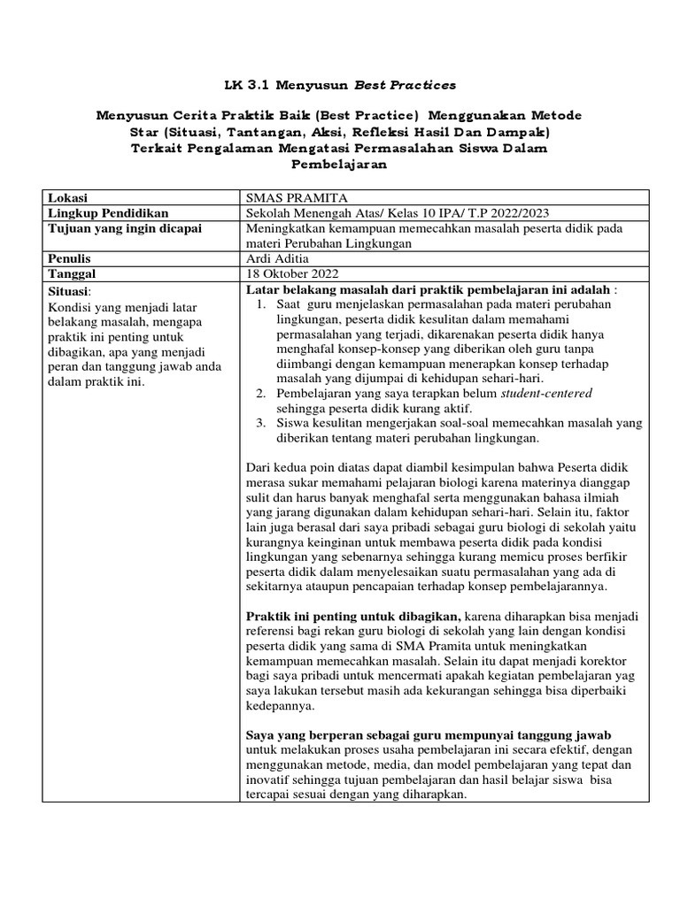 Menyusun Best Practices Metode STAR Materi Perubahan Lingkungan | PDF