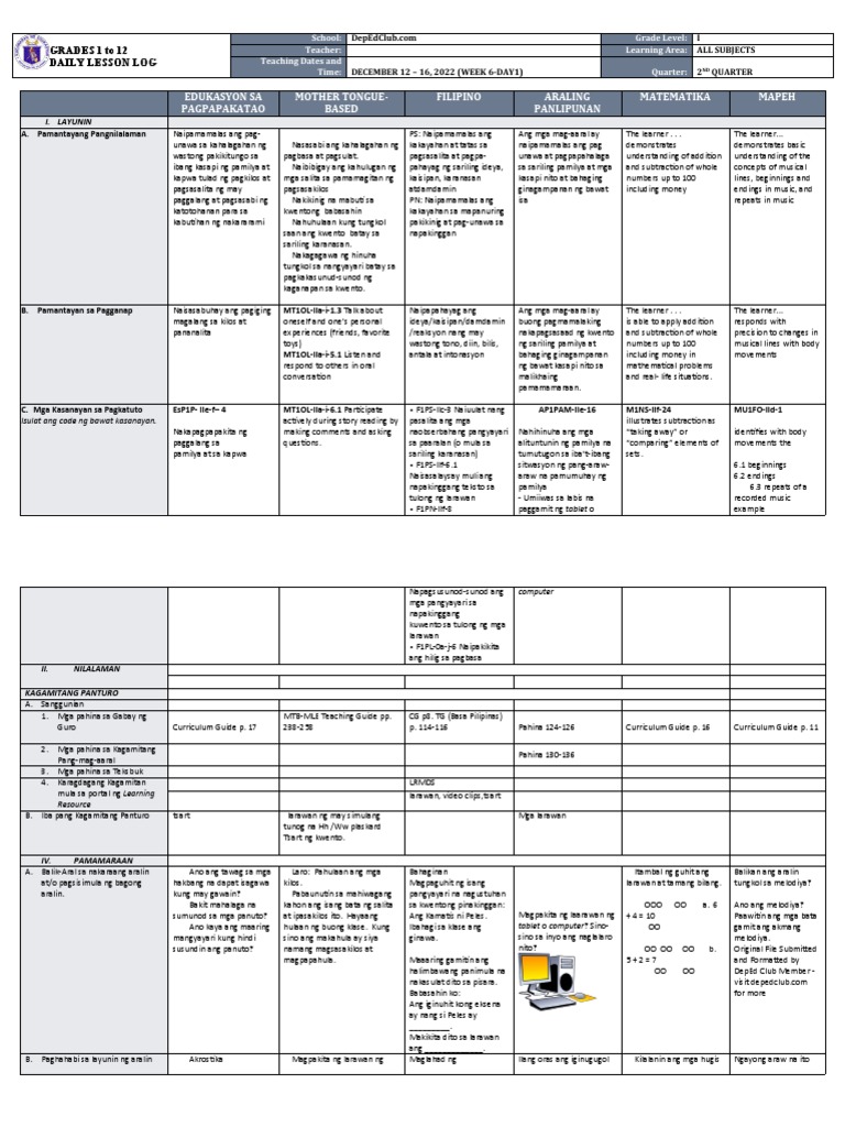 Grade 1 DLL ALL SUBJECTS 1 Q2 Dec 12-16 | PDF