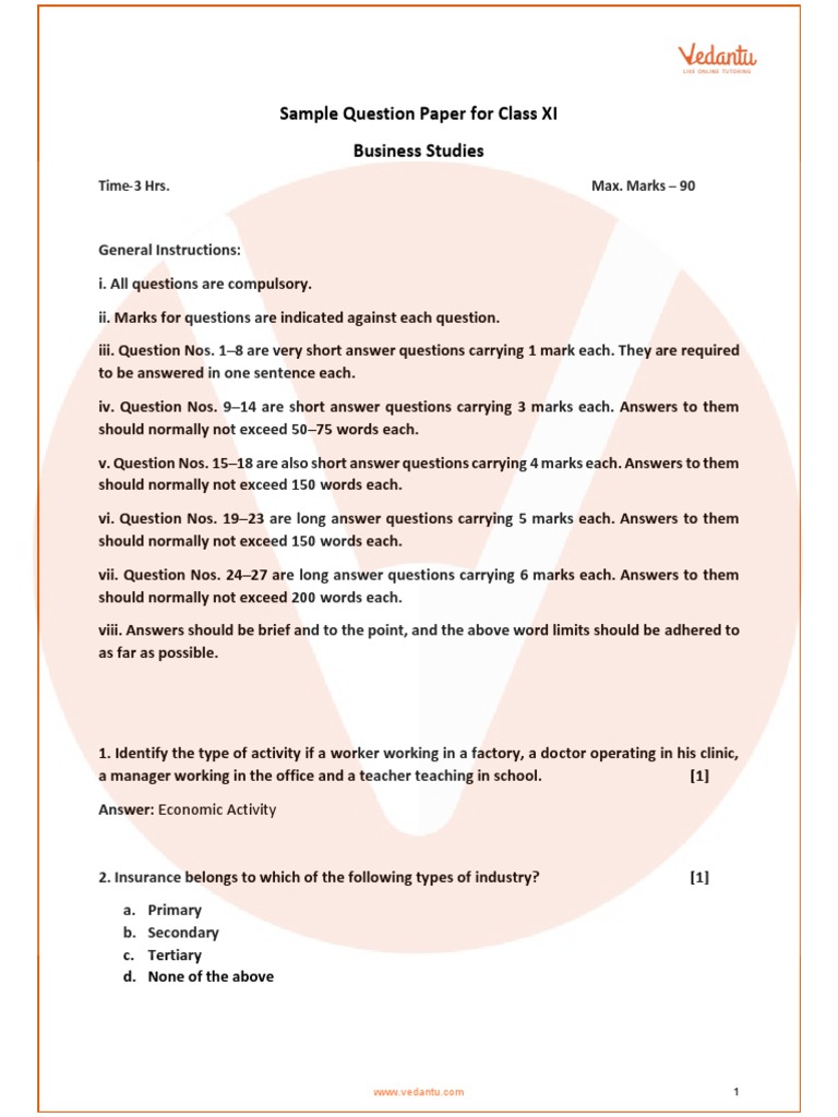 CBSE Class 11 Business Studies Paper 1 | PDF | Insurance | Public ...