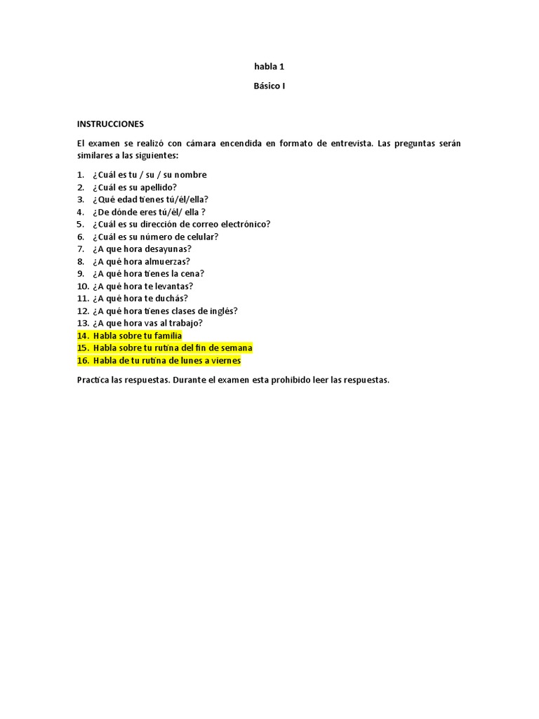 Speaking Test 1 - Basic I | PDF