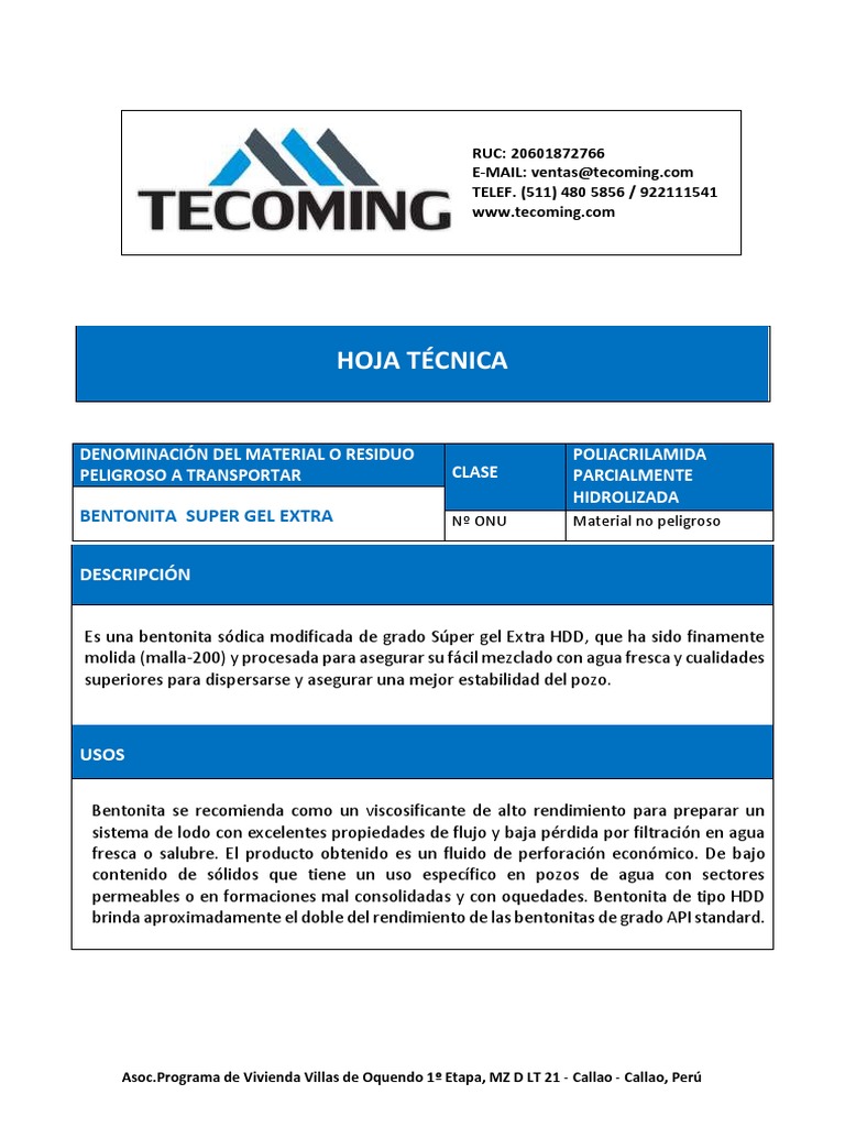 Hoja Técnica Bentonita Super Gel Extra | PDF