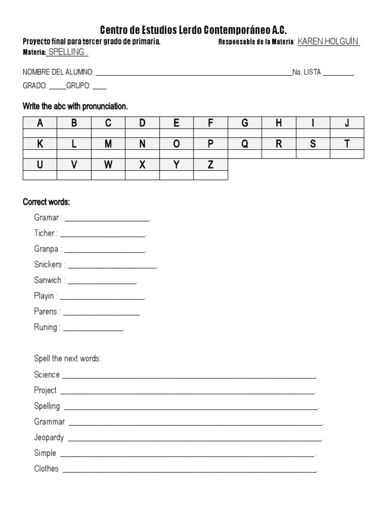 Spelling Project 3rd Grade PDF