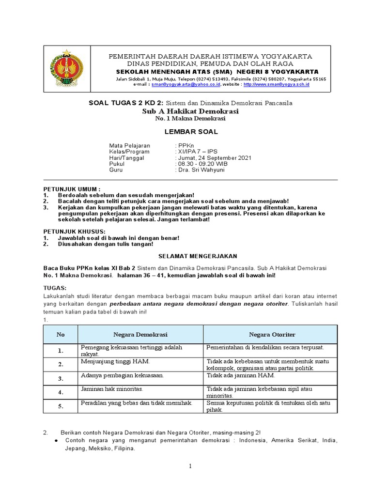 Soal Tugas 2 KD 2 XI IPA 7 Dan IPS, Jumat 24 September 2021 | PDF