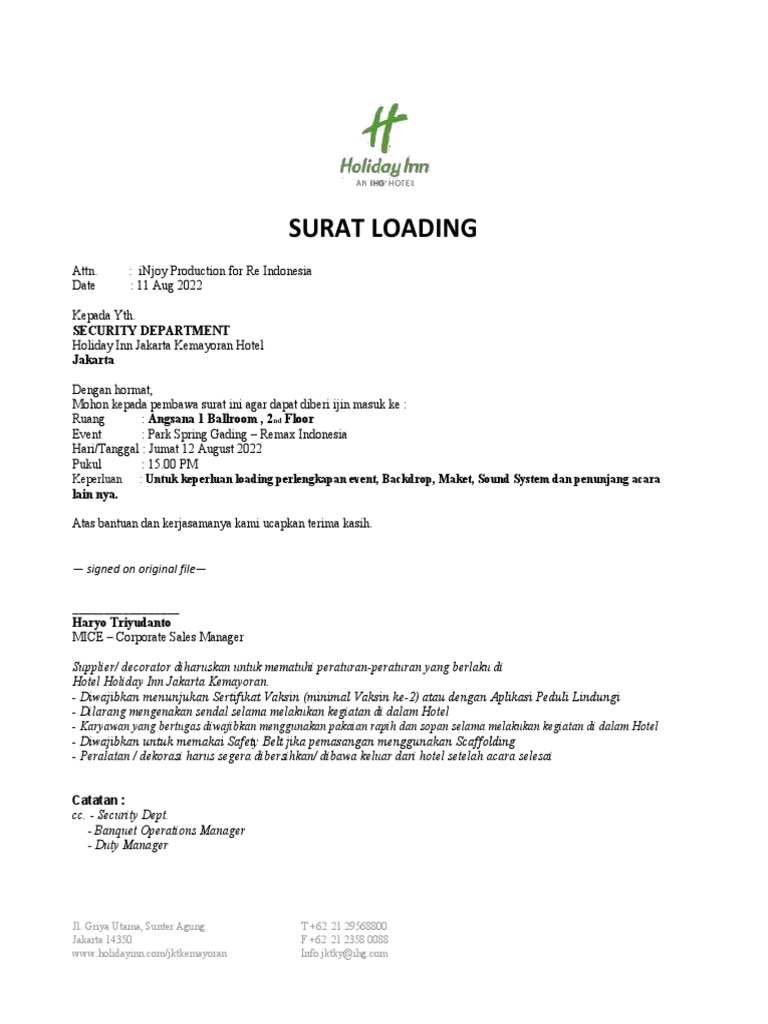 INpro Loading Letter For RE Holiday Inn Hotel, 1308022 | PDF