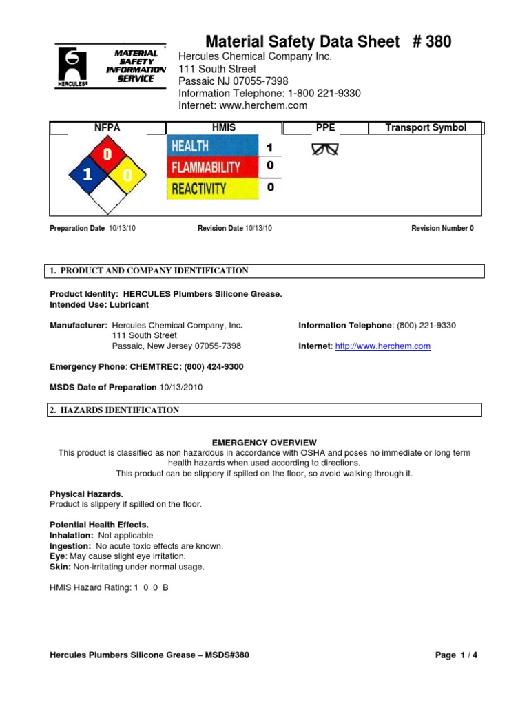 Material Safety Data Sheet for Hercules Plumbers Silicone Grease | PDF ...