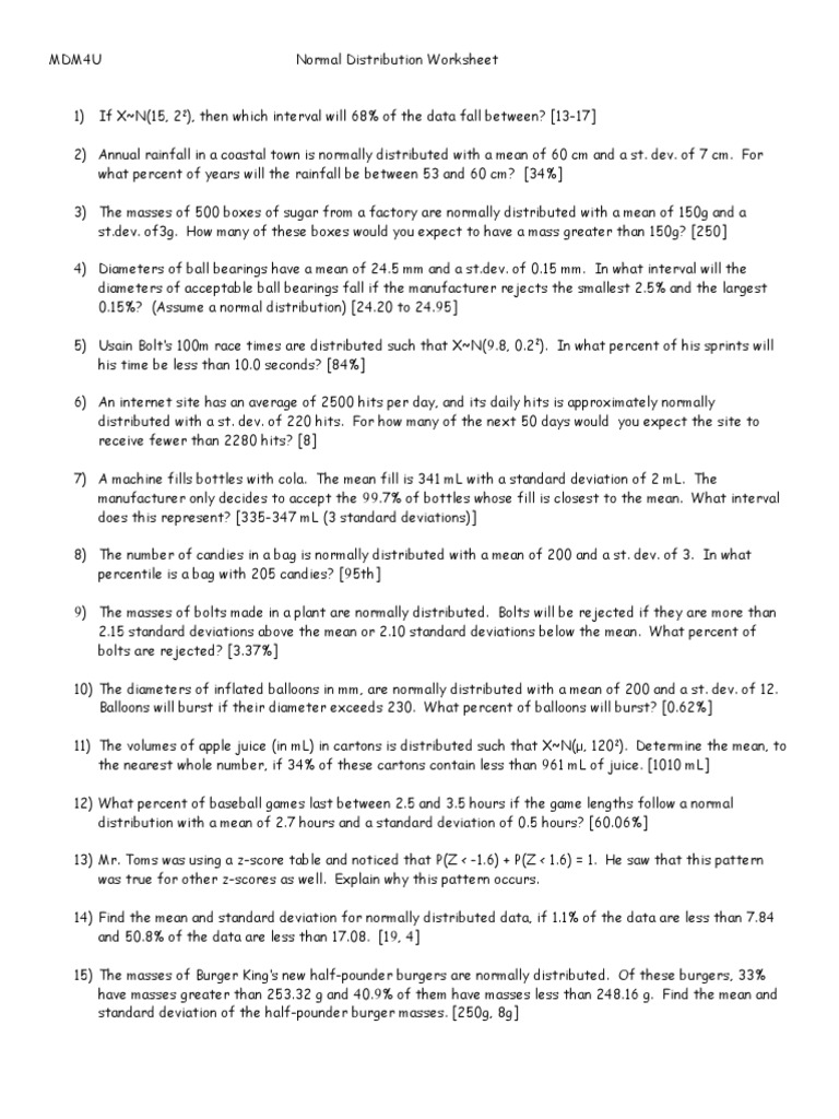 Normal Distribution Worksheet | PDF | Normal Distribution | Standard ...