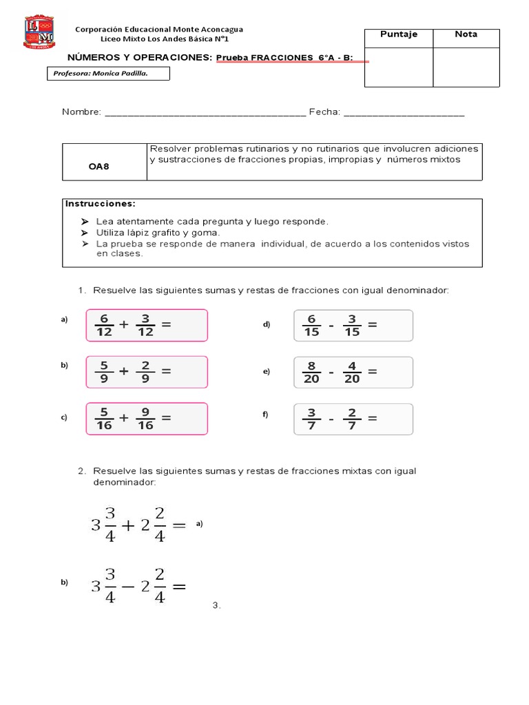 Prueba Operatoria Con Fracciones 6ºa | PDF