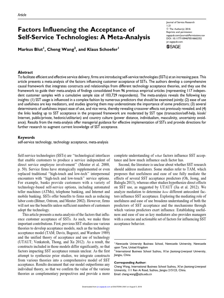 Factors Influencing The Acceptance of Self-Service Technologies - A Meta-Analysis | PDF ...
