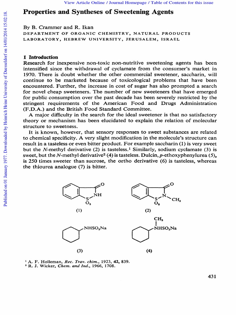 Properties and Syntheses of Sweetening Agents | PDF | Taste | Sugar ...