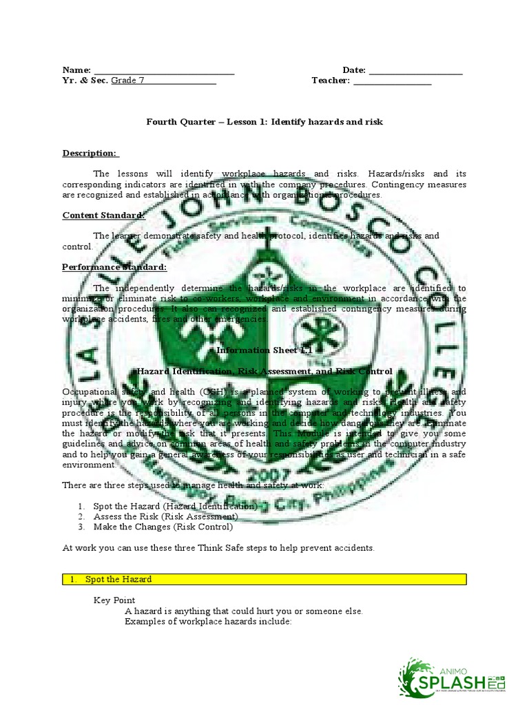Css For Grade 7&8 - FQL1 - BC4 - 1. Identify Hazard and Risk - LMS ...