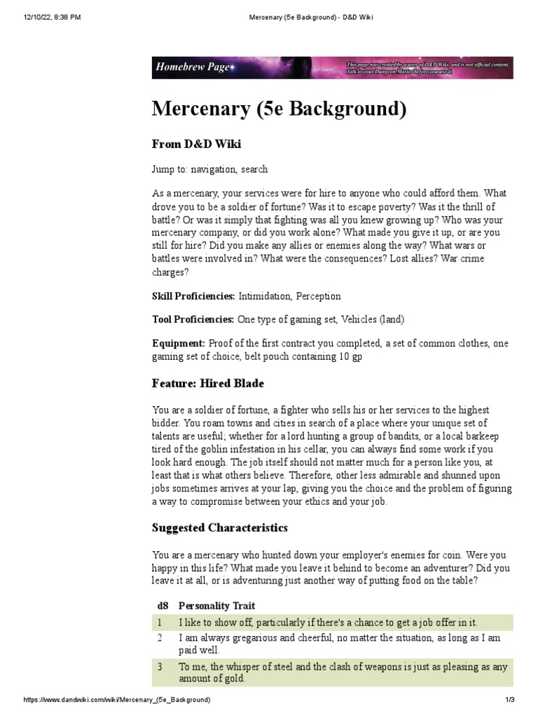 Mercenary (5e Background) - D&D | PDF | Mercenary
