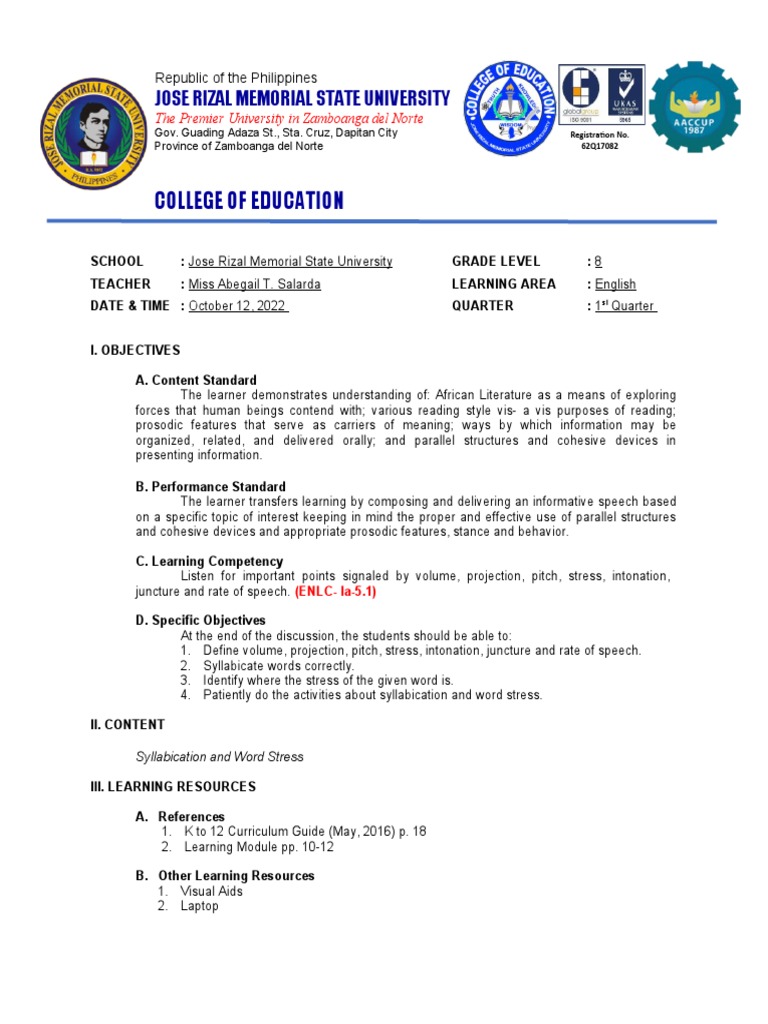 Syllabication and Word Stress Lesson Plan | PDF | Stress (Linguistics ...