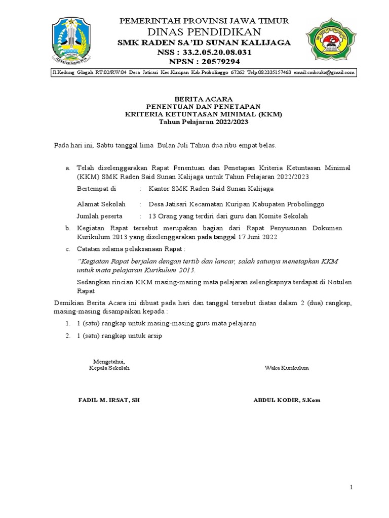 Berita Acara Penetapan KKM | PDF