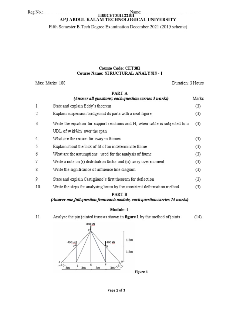 CET301 Structural Analysis Exam Paper | PDF | Beam (Structure ...