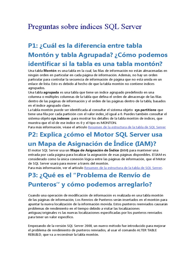 Preguntas Sobre Índices SQL Server | PDF | Servidor SQL de Microsoft | Bases de datos