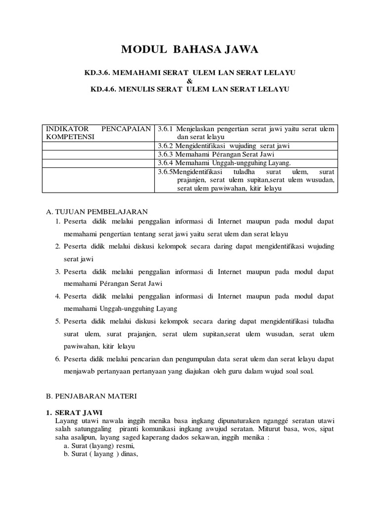 Modul Bahasa Jawa KD.3.6 Serat Ulem Lan Serat Lelayu | PDF
