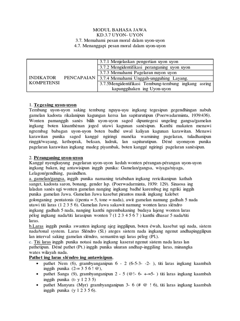 MODUL BAHASA JAWA. KD.3.7 UYON UYON - XI GENAPdocx | PDF