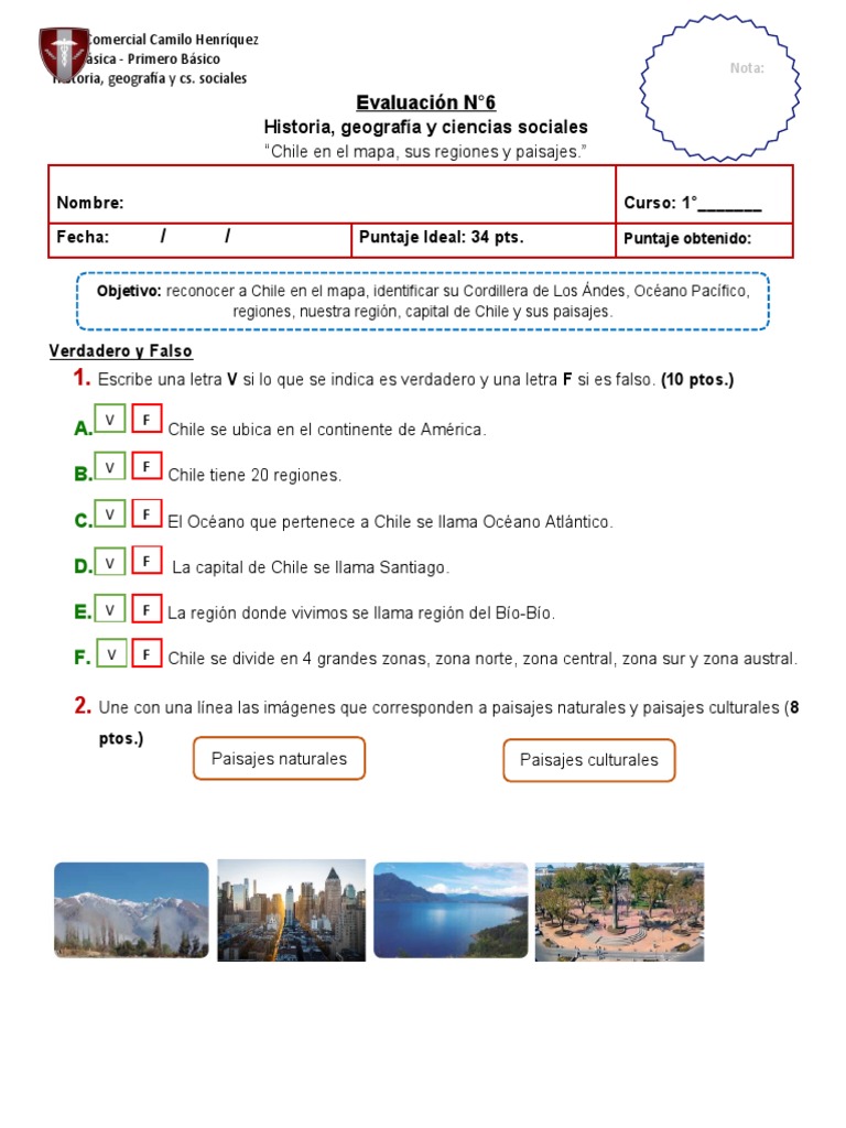 Evaluación 6 Historia 1° Básico - Chile El Mapa, Paisajes | PDF | Viajes y turismo