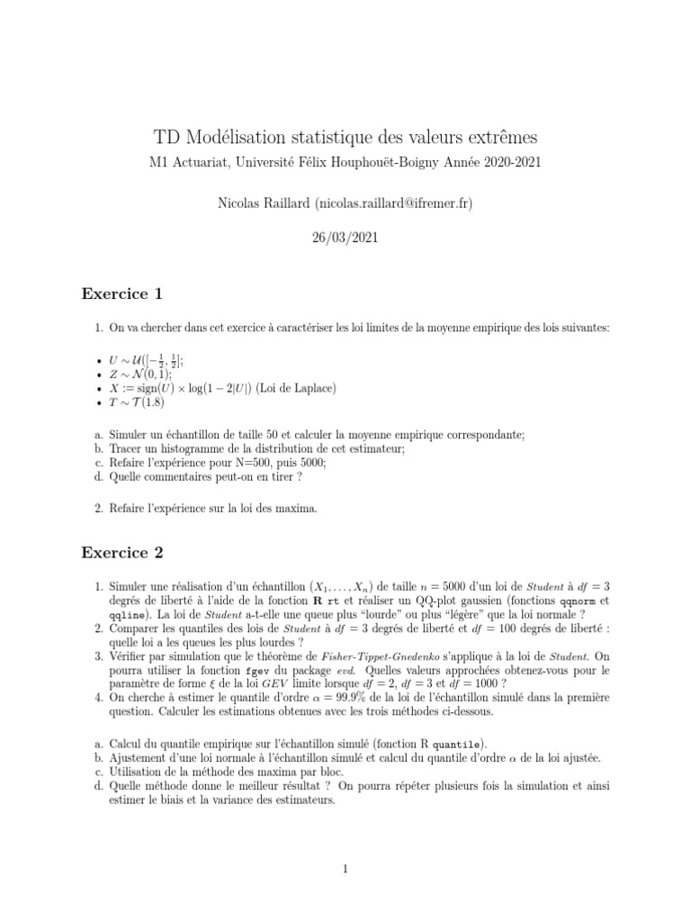 TD Modélisation Statistique Des Valeurs Extrêmes: Exercice 1 | PDF ...