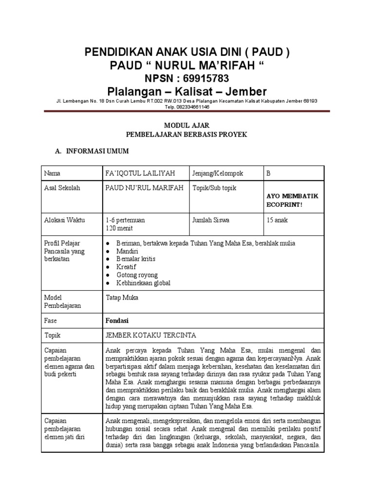 Modul Ajar PG PAUD / FASE FONDASI | PDF
