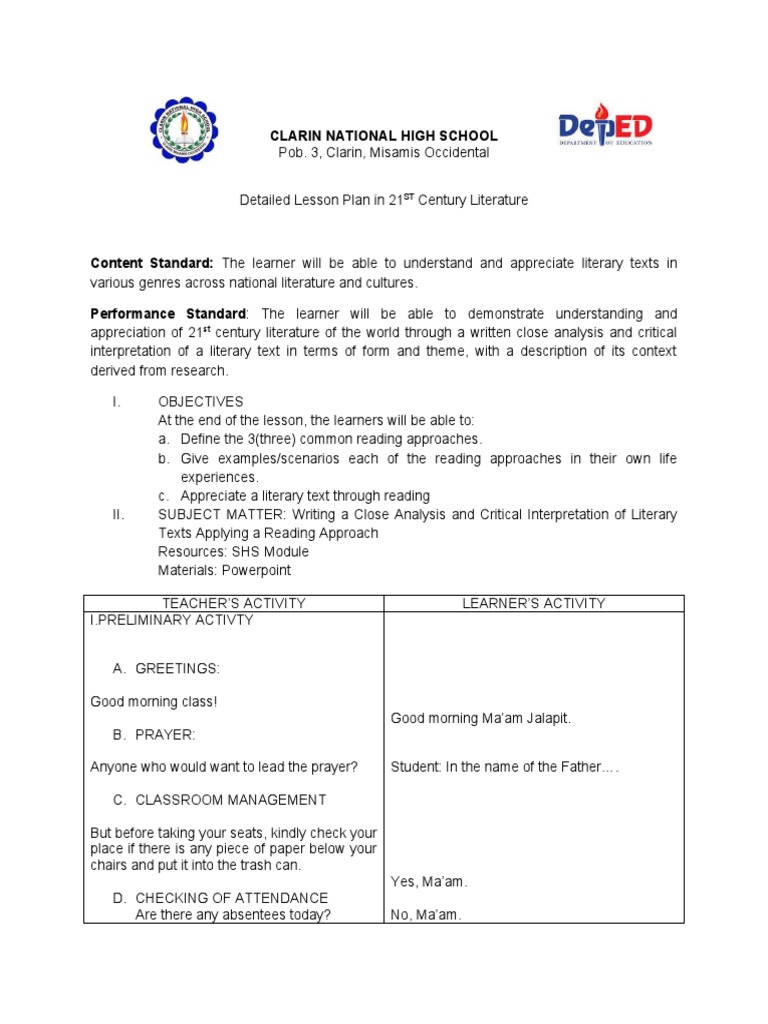 21st Century Literature Lesson Plan | PDF | Speed Reading | Lesson Plan