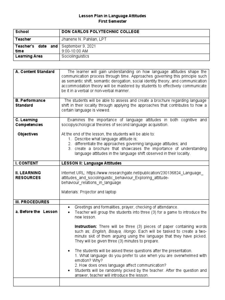 Direct and Indirect Speech Lesson Plan | PDF | Attitude (Psychology ...