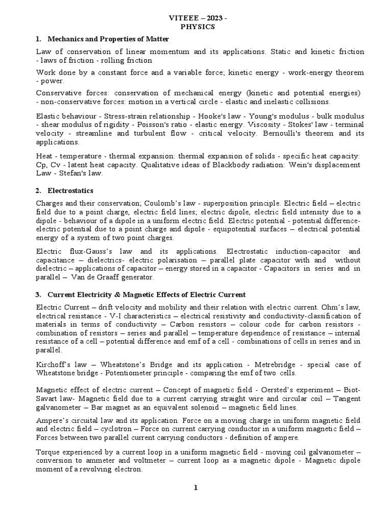 VITEEE 2023 Physics Syllabus | PDF | Electromagnetic Induction ...