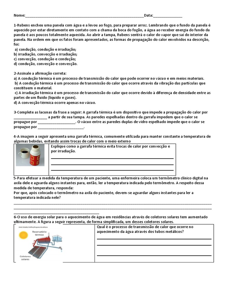 Atividade Avaliativa 7c Ciências | Download grátis PDF | Calor ...