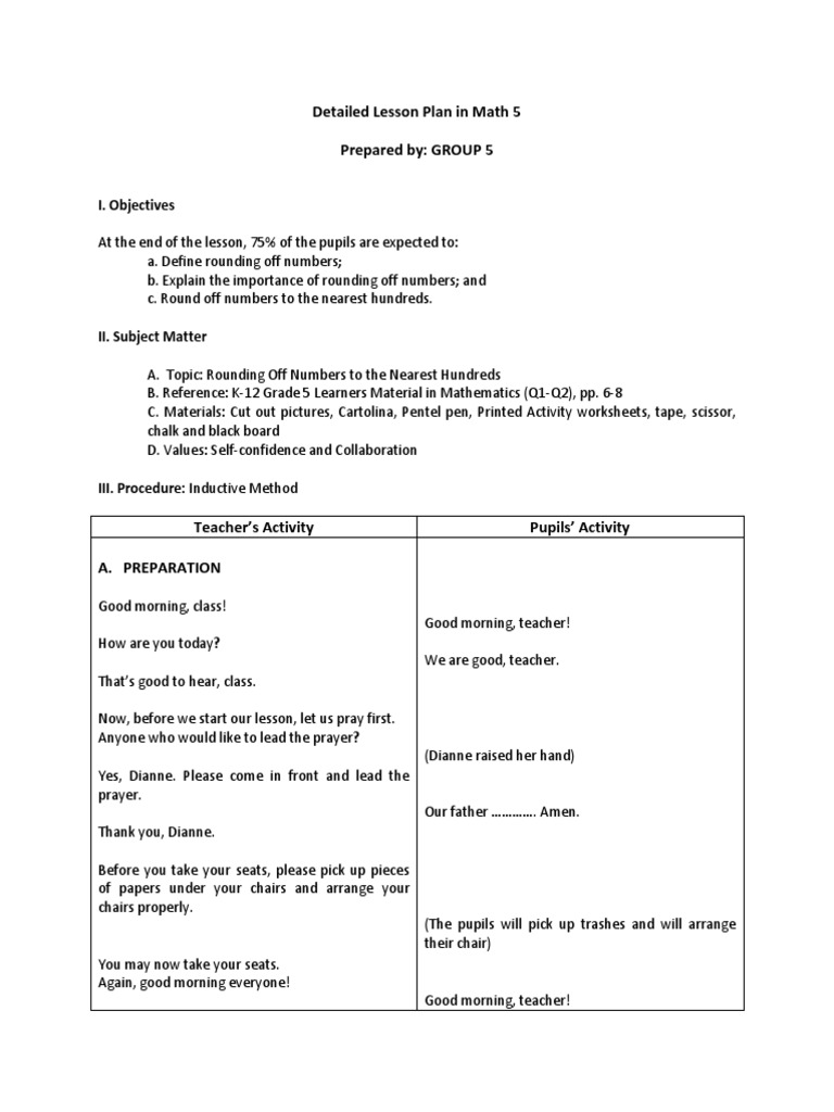 Detailed Lesson Plan in Math 5 | PDF | Rounding | Lesson Plan