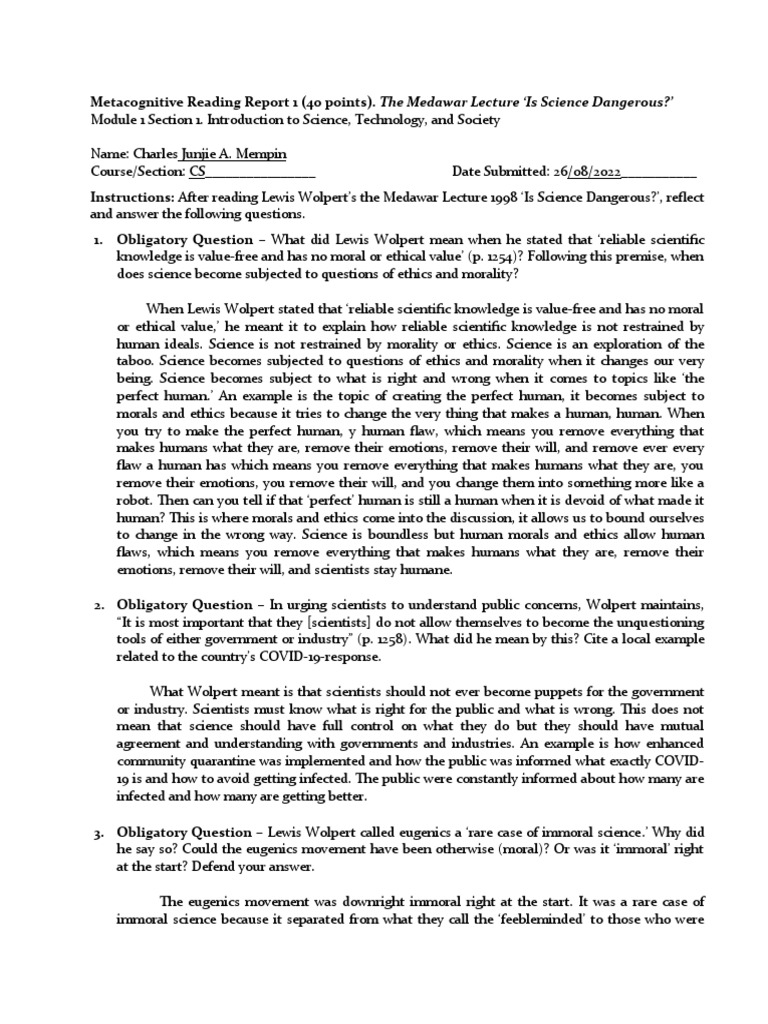 MRR 1 Comprehension Check Questions AY21 22 | PDF | Morality | Science